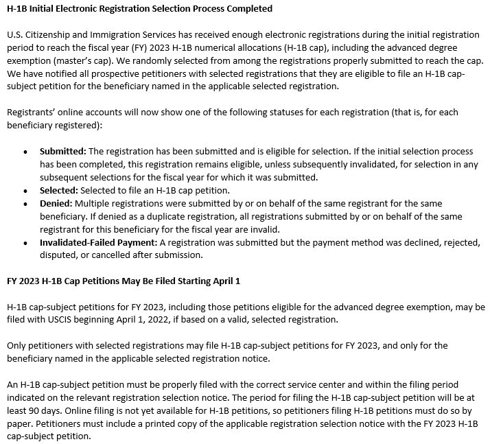H-1B Initial Electronic Registration Selection Process Completed